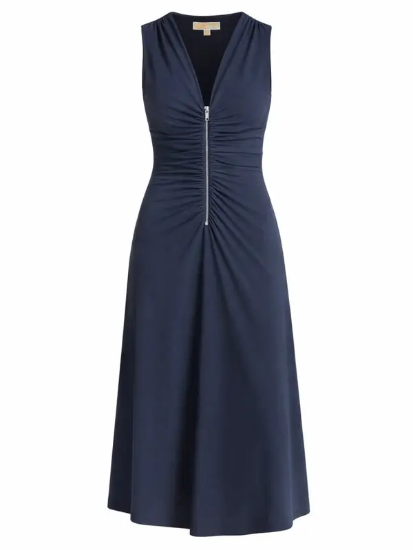 Michael Kors Ruched Zip-front Midi Dress - Blue