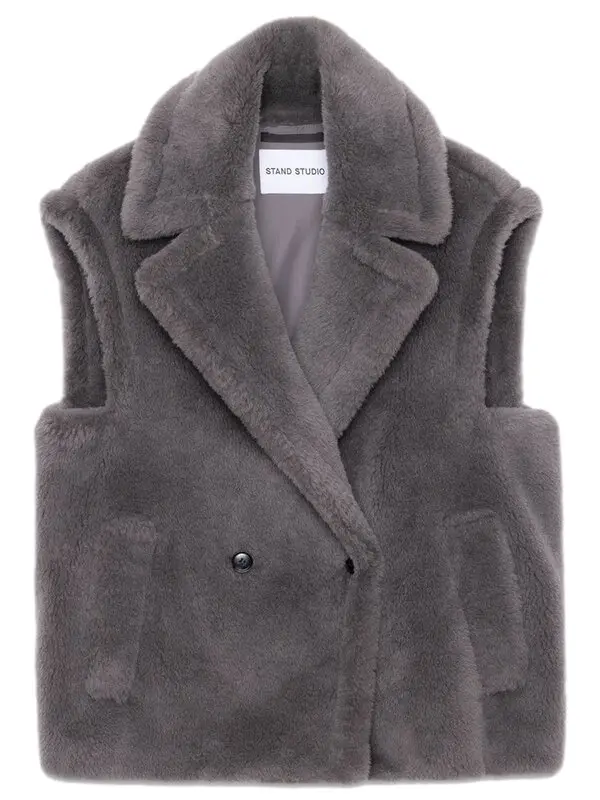 STAND STUDIO Straight Fit Wool Vest With Faux Fur Texture