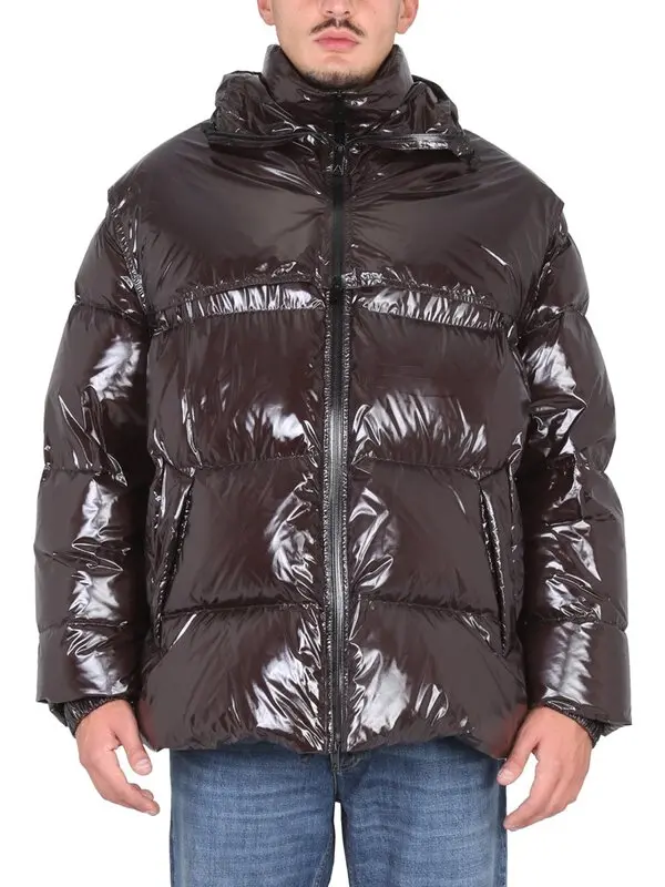 Bottega Veneta Shiny Down Puffer Jacket With Hood - Brown