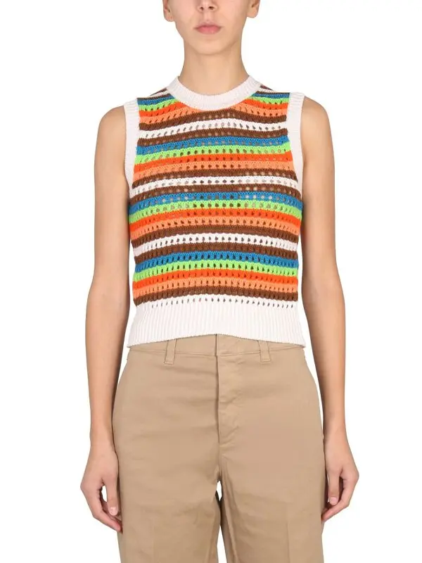 DEPARTMENT 5 Striped Crochet Knit Mini Cowl Neck Top - Multicolour