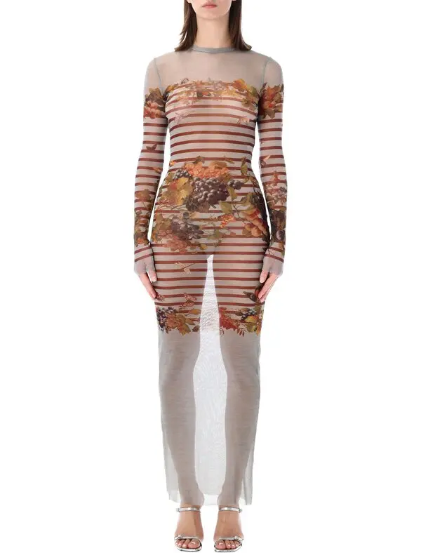 JEAN PAUL GAULTIER Long Sleeve Graphic Print Sheer Mesh Maxi Dress - Light Blue Multi