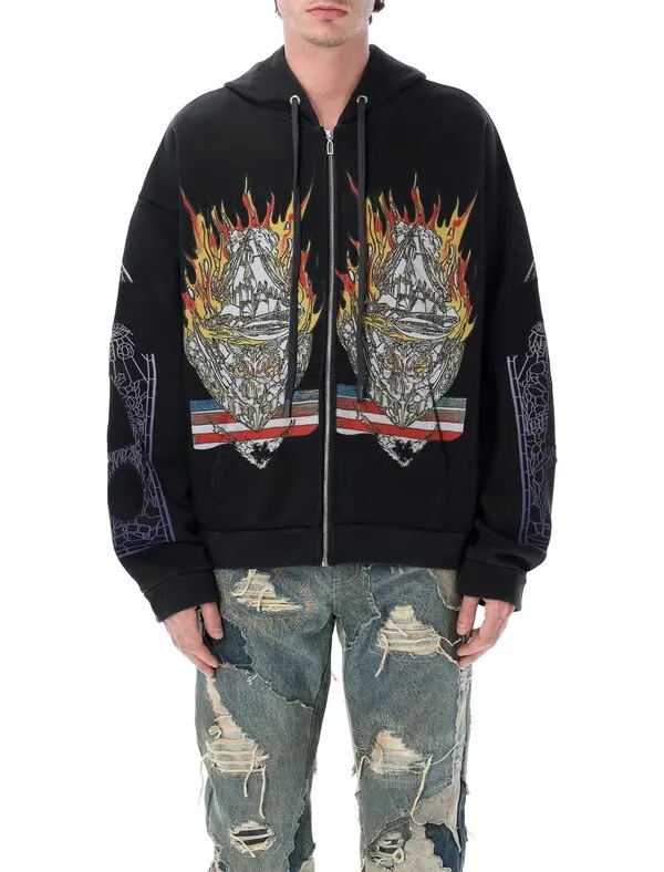 WHO DECIDES WAR Graphic Zip-up Hoodie With Rhinestone Embellishment - Coal