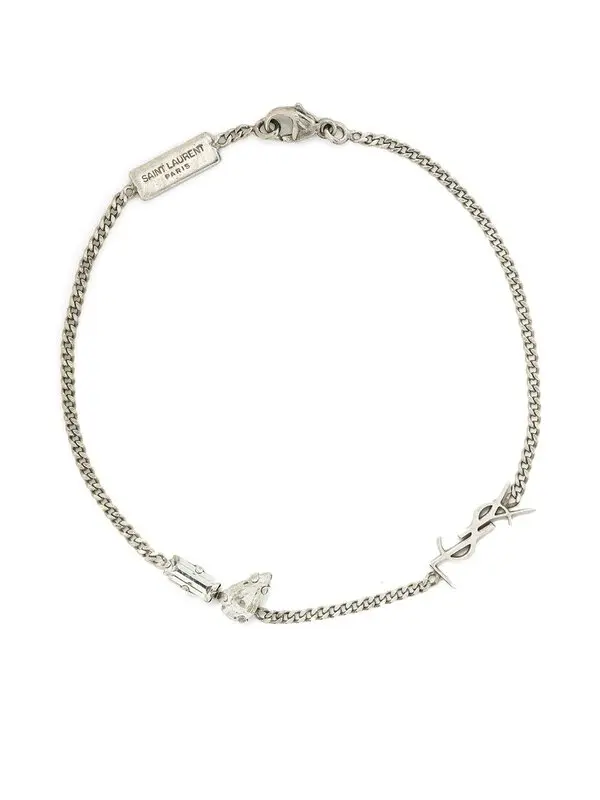 Saint Laurent Adjustable Interlocking Charm Ring With Rhinestones - Argento