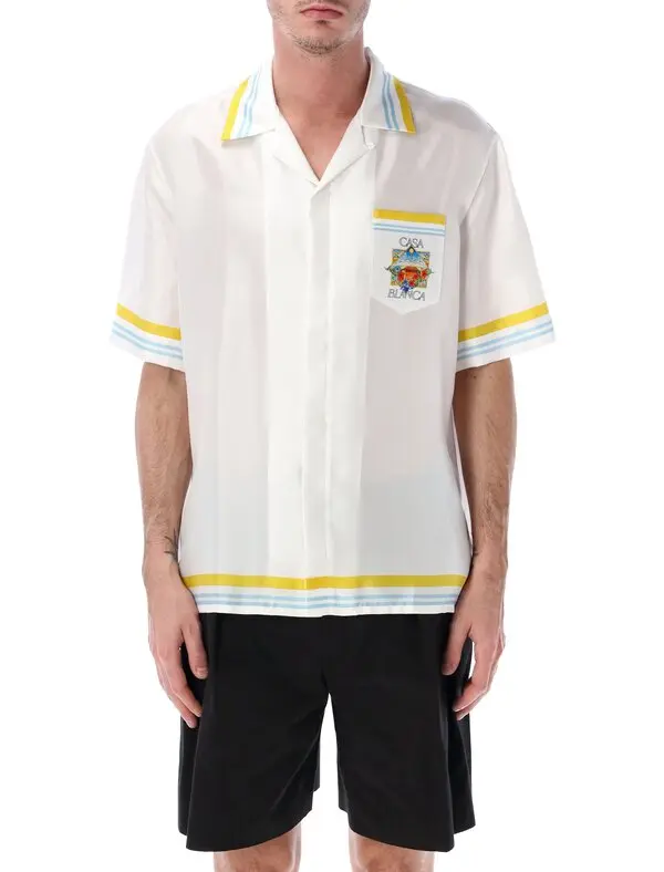 Casablanca Silk Short Sleeve Camp Shirt With Graphic Pocket - White