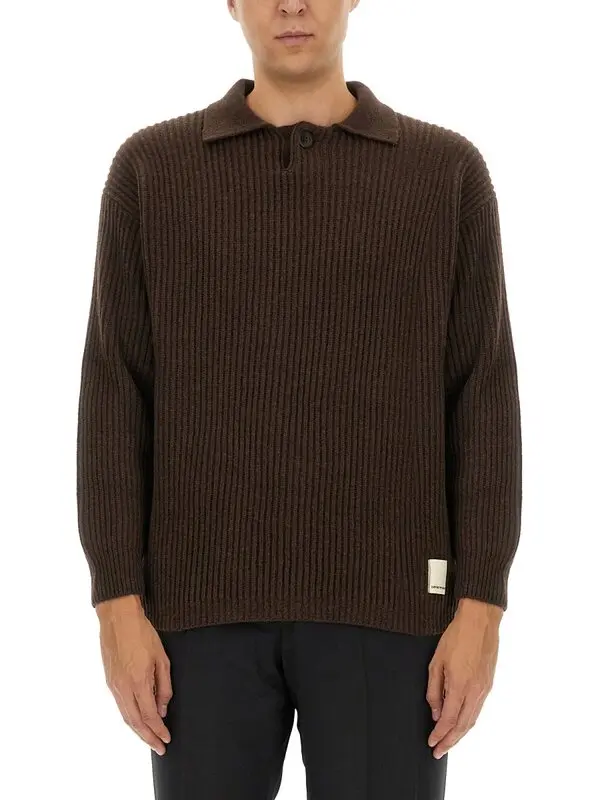 Emporio Armani Ribbed Wool Blend Polo Sweater - Brown