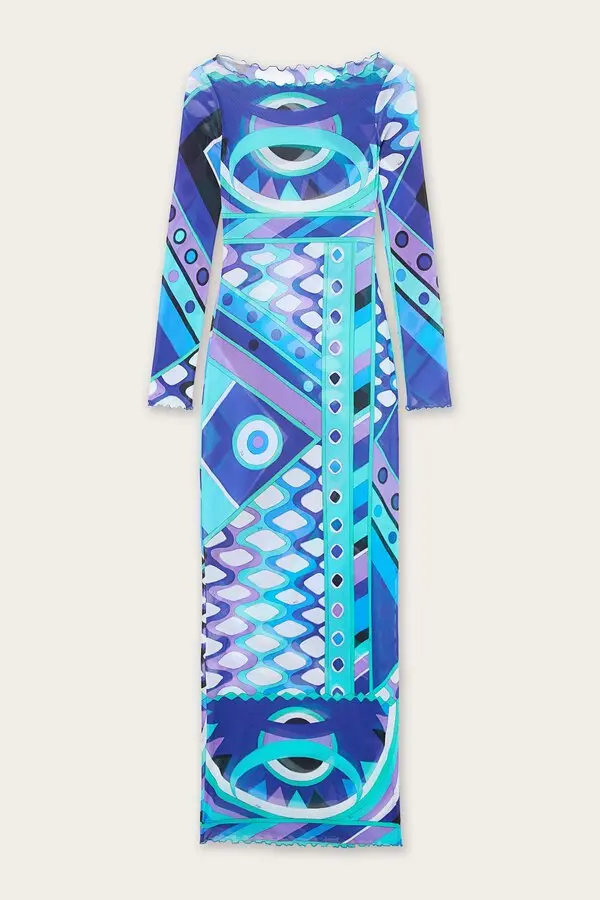 Emilio Pucci Fitted Boat Neck Long Sleeve Printed Dress