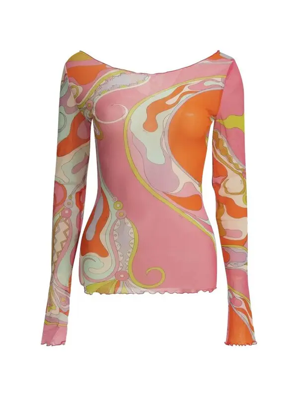 Emilio Pucci Fitted Long Sleeve Boat Neck Tulle Top - Multicolor