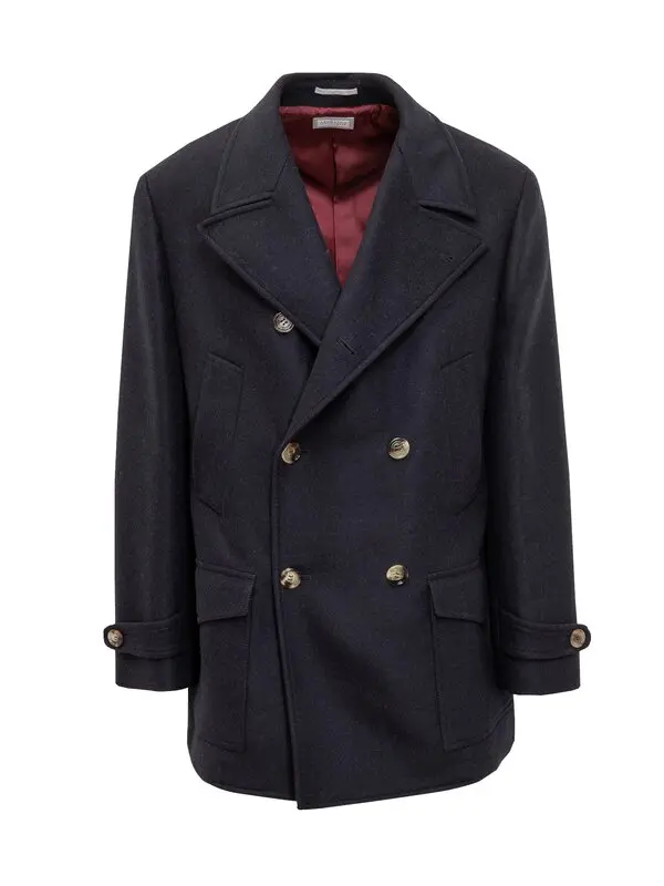 Brunello Cucinelli Double Breasted Wool Pea Coat - Blu