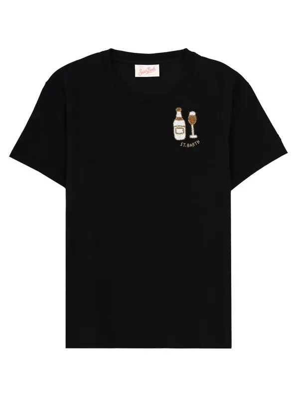 MC2 SAINT BARTH Classic Cotton T-shirt With Embroidered Bottle And Glass Detail - Black