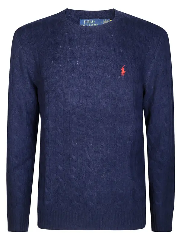 Polo Ralph Lauren Crew Neck Cable Knit Sweater With Embroidered Logo - Blu