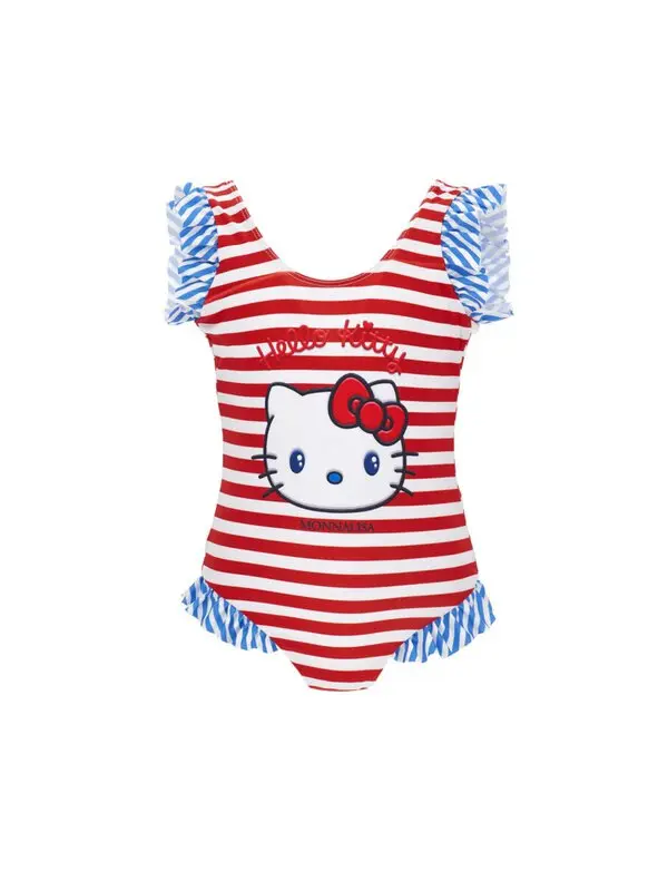 Monnalisa Mini Ruffled Hello Kitty Graphic Print Open Back Swimwear - Red