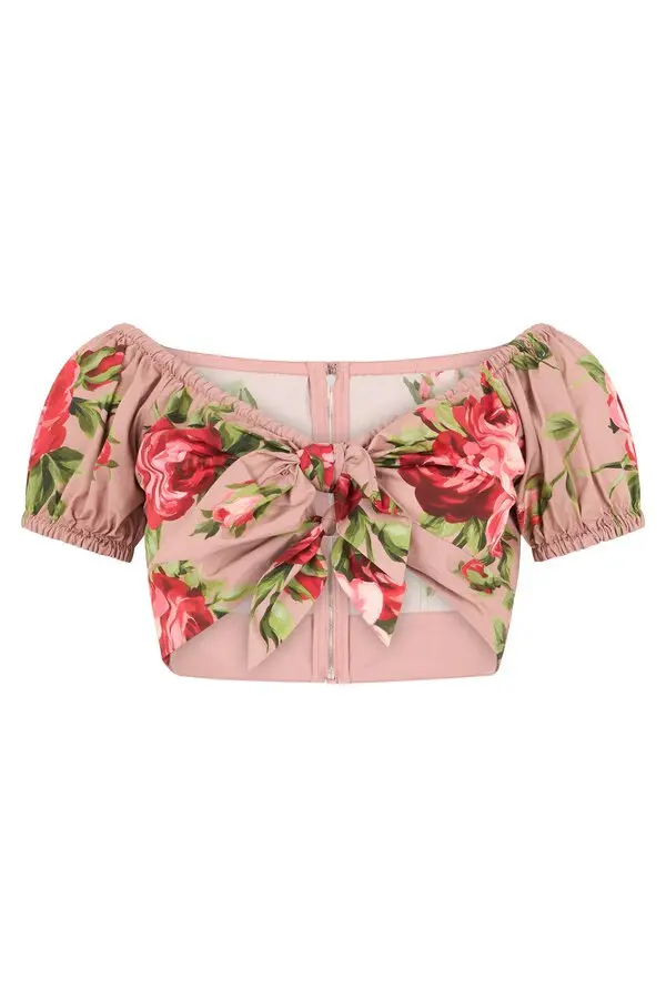 Dolce & Gabbana Rose Bouquet-print Cotton Top With Bow Detail - Pink