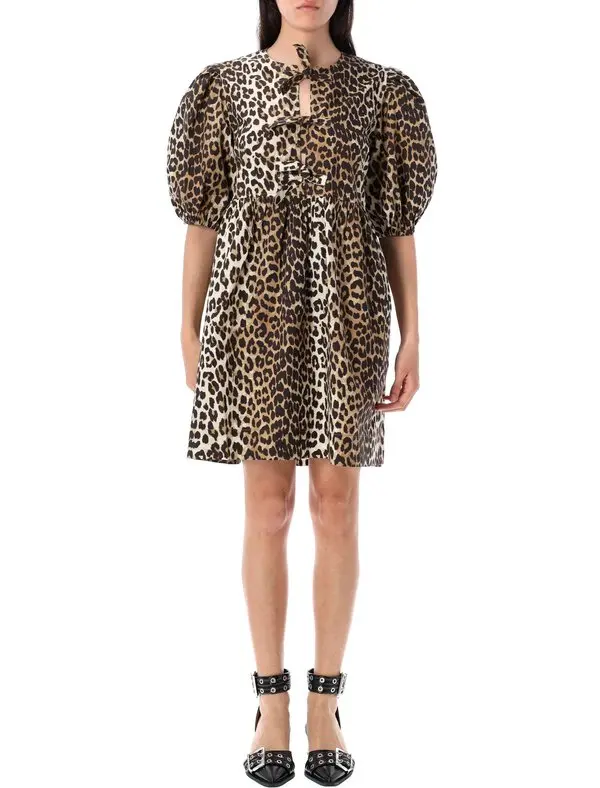 GANNI Organic Cotton Mini Dress With Ruffles - Brown