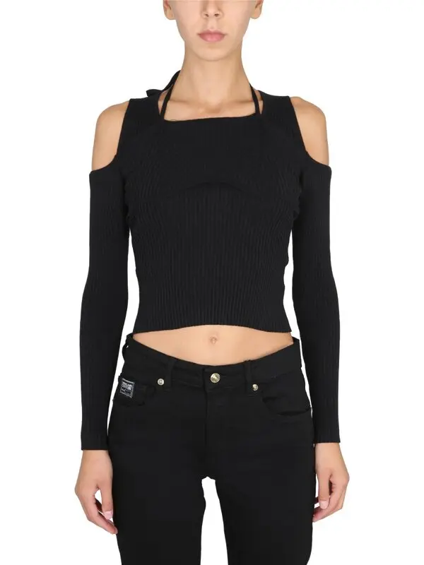 Versace Square Neck Cold Shoulder Ribbed Knit Top - Black
