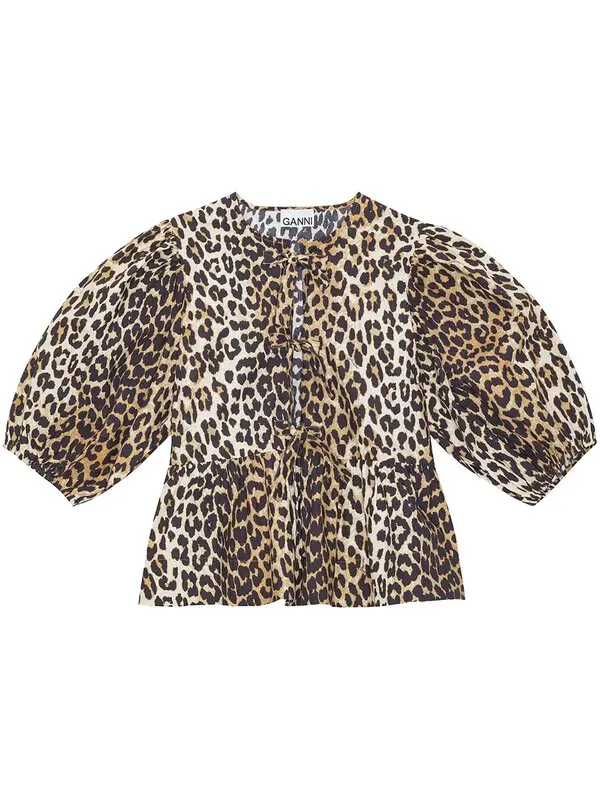 GANNI Puff Sleeve Tie Detail Leopard Print Blouse
