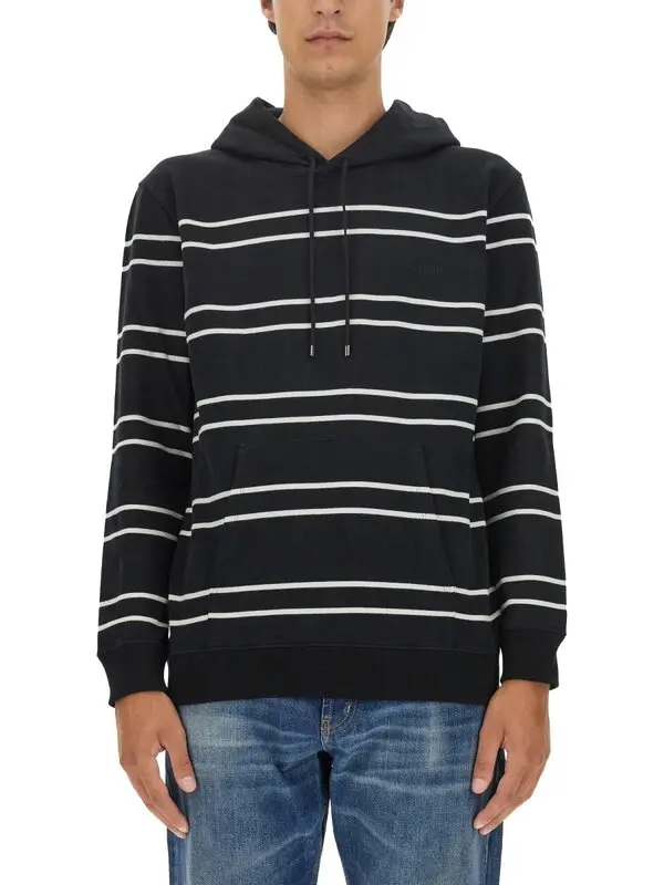 Saint Laurent Slim-fit Striped Cotton-jersey Hoodie With Logo Embroidery - Black