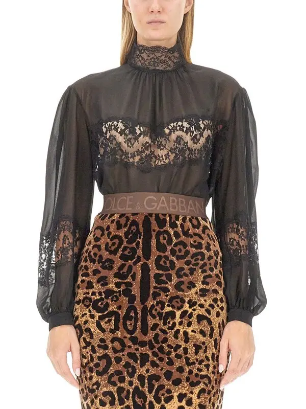Dolce & Gabbana Georgette And Lace Turtleneck Blouse - Black