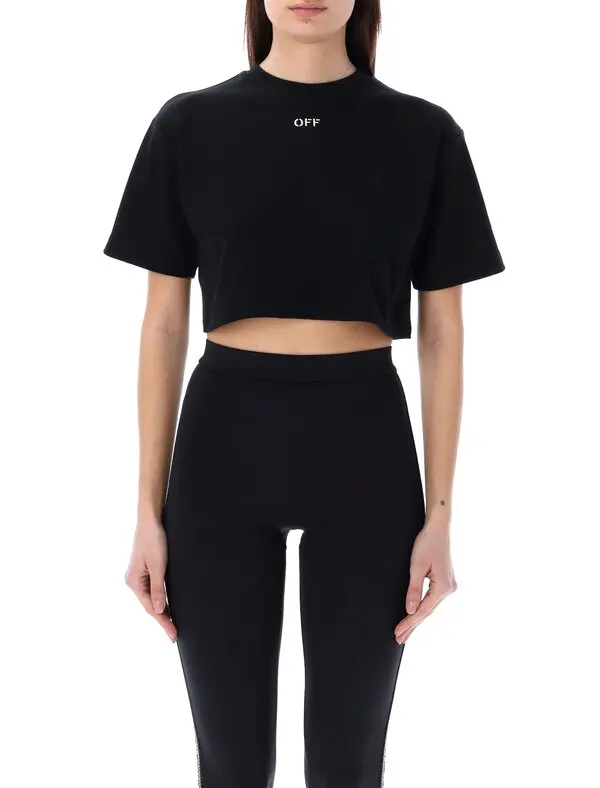 Off-White Ribbed Cropped T-shirt With Embroidered Logo - Black