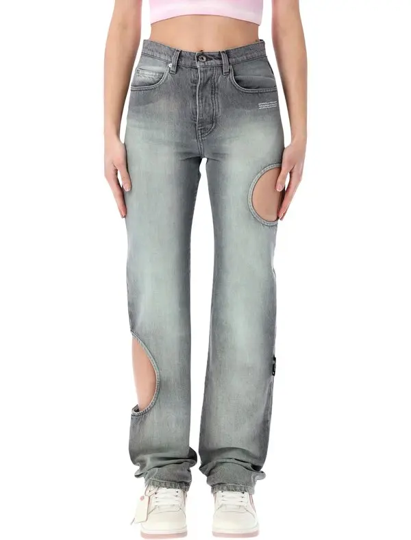 Off-White Overdyed Straight Leg Jeans With Cutout Detail - Grey