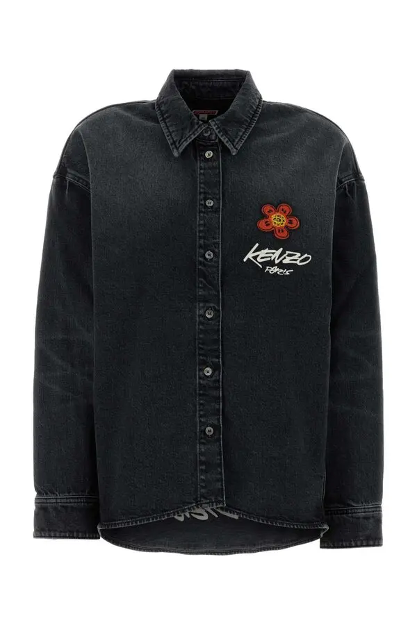 Kenzo 2000 Embroidered Japanese Denim Workwear Shirt - Black