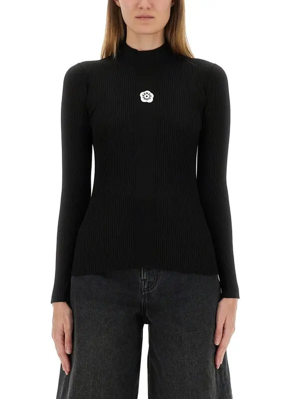 Kenzo Boke Flower 2.0 Embroidered Ribbed Mock Neck Long Sleeve Top - Black