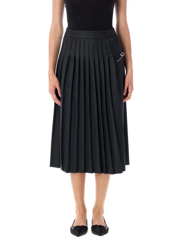 Prada Pleated Wool Flannel Midi Skirt With Safe-pin Detail