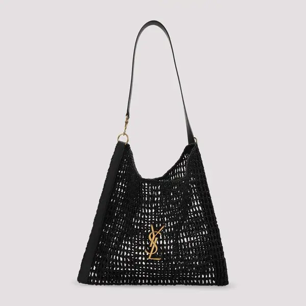 Saint Laurent Raffia Shoulder Bag With Monogram Detail - Black