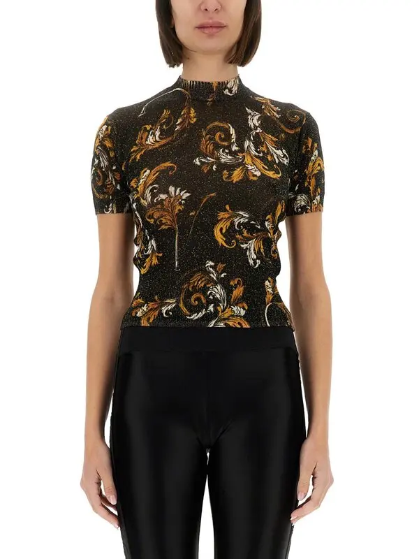Versace Cropped Knit T-shirt With Baroque Print - Black