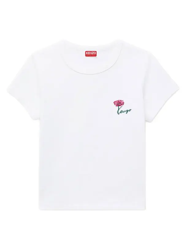 Kenzo Round Neck Signature Embroidered T-shirt - Bianco