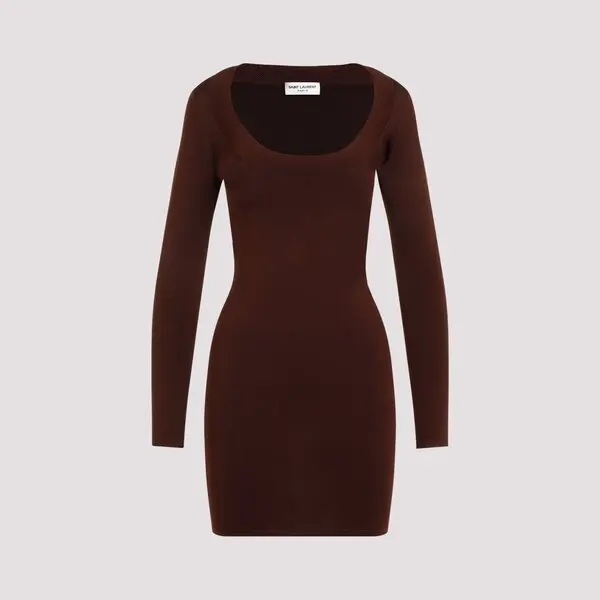 Saint Laurent Long Sleeve Knitted Mini Dress - Brown