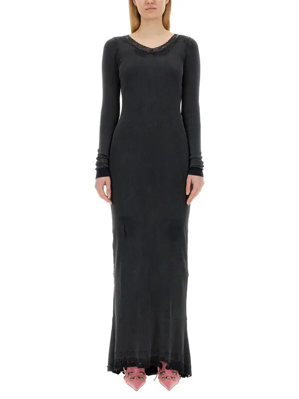 Balenciaga Distressed Lace-trim Long Sleeve Maxi Dress - Black