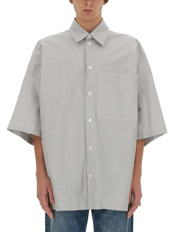 Bottega Veneta Striped Cotton Overshirt With "bv" Embroidery - Grey