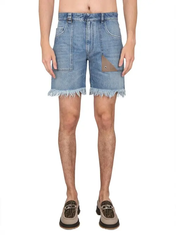 Fendi Denim Fringe Detail Shorts - Blue