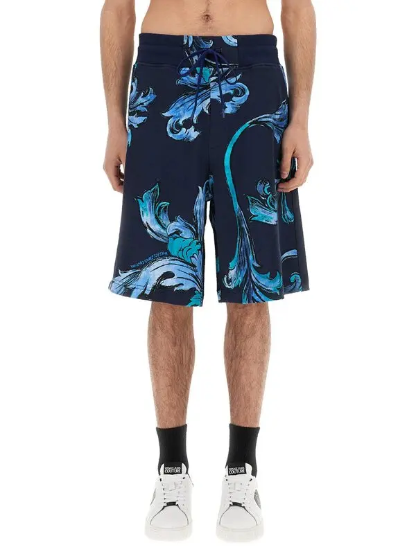 Versace Baroque Print Cotton Sports Shorts - Blue