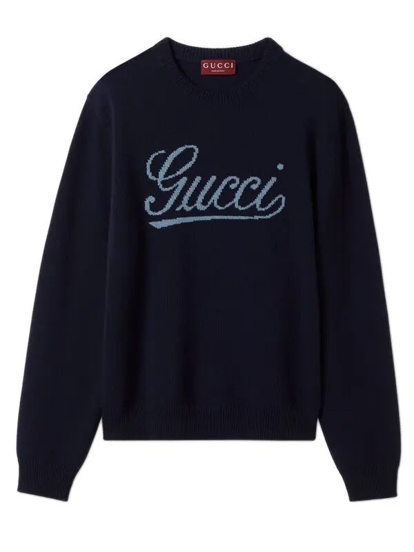 Gucci Ribbed Neck Fine Knit Sweater With Intarsia Logo - Blue