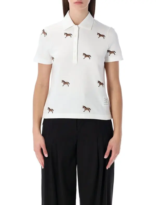 Thom Browne Short Sleeve Horse Embroidered Polo Shirt - White