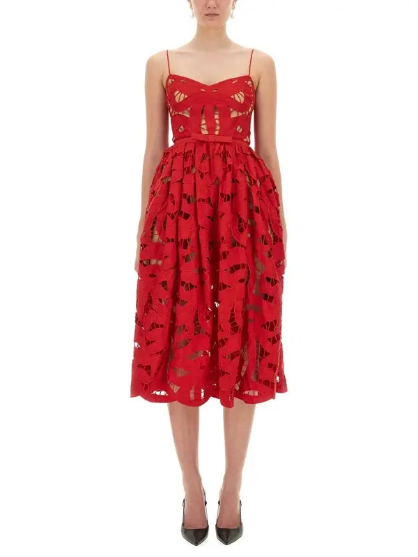 SELF-PORTRAIT Embroidered Midi Dress - Red