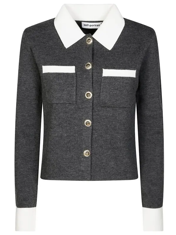 SELF-PORTRAIT Wool Blend Cardigan With Contrasting Collar And Cuffs
