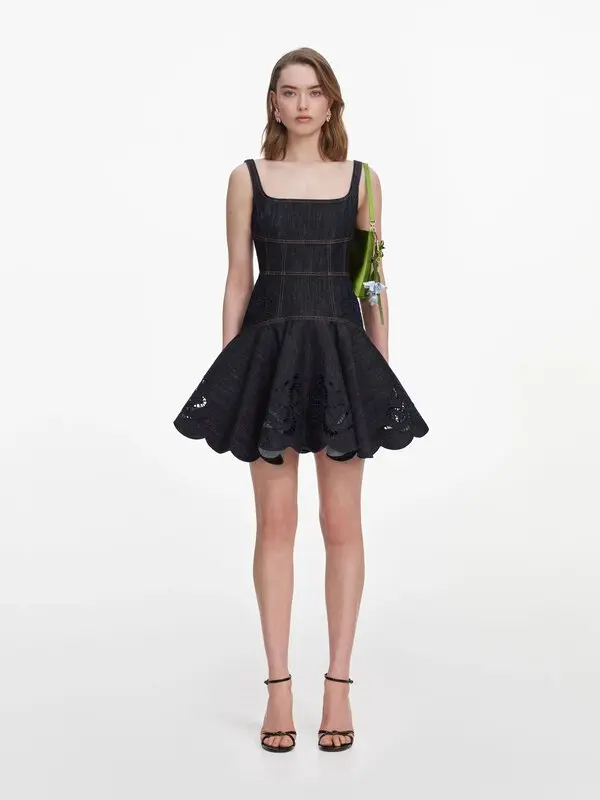 SELF-PORTRAIT Stretch Fabric Mini Dress With Exposed Zip - Blu