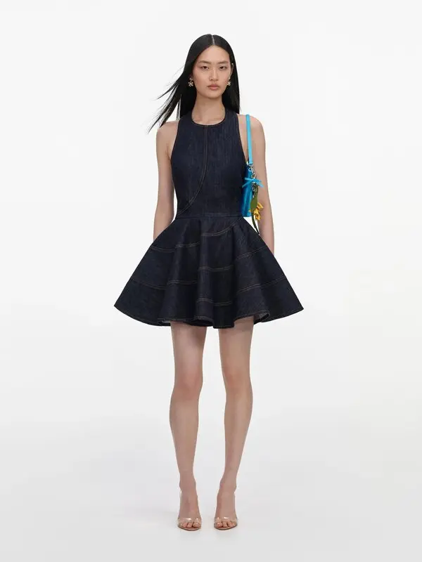 SELF-PORTRAIT Backless Mini Skater Dress With Exposed Zip Closure - Blu