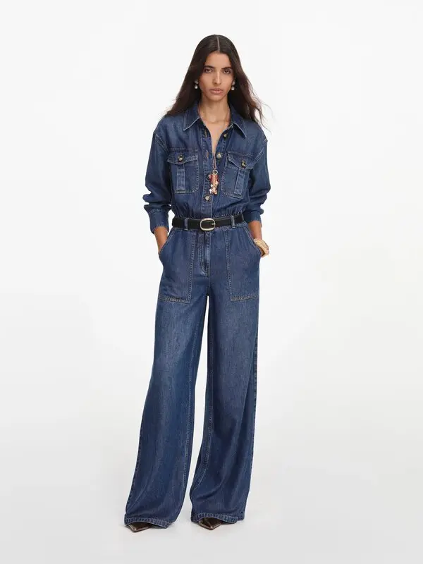 SELF-PORTRAIT Blue Denim Jumpsuit With Belt