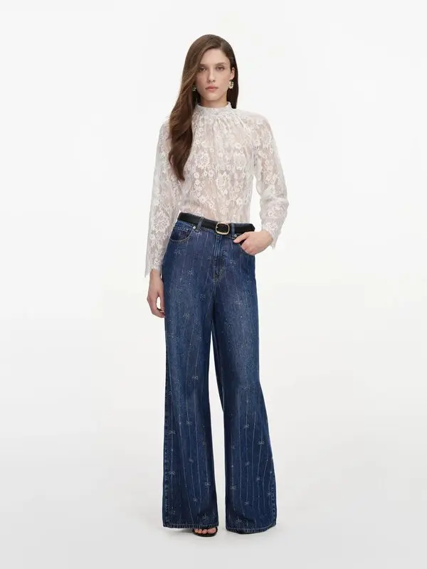 SELF-PORTRAIT High Waist Embellished Wide Leg Jeans - Blu