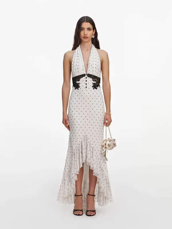 SELF-PORTRAIT Halterneck Polka Dot Midi Dress With Lace Trim - Bianco