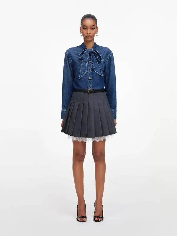 SELF-PORTRAIT Bow Neck Mini Shirt Dress - Blu