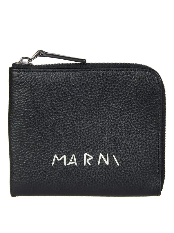 Marni Logo-stitch Zipped Leather Wallet - Nero