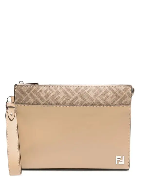 Fendi Ff Monogram And Leather Clutch - Beige