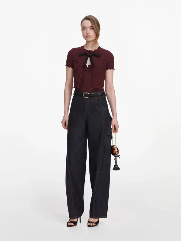 SELF-PORTRAIT Cropped Button-down Shirt With Bow Detail - Marrone