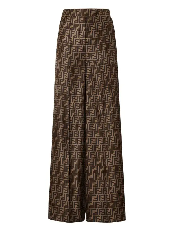 Fendi Monogram Silk Wide Leg Trousers - Brown