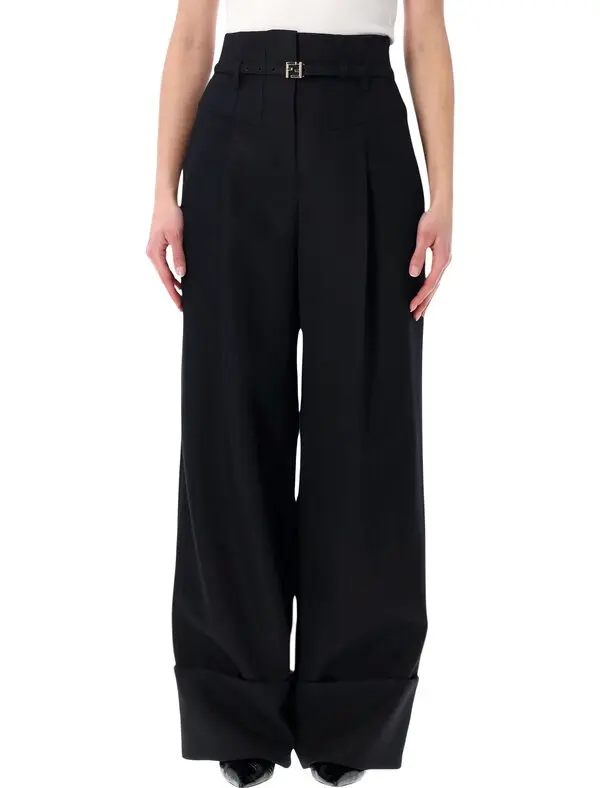 Fendi Wool High-waisted Pleated Wide-leg Trousers With Ff Buckle Belt - Black