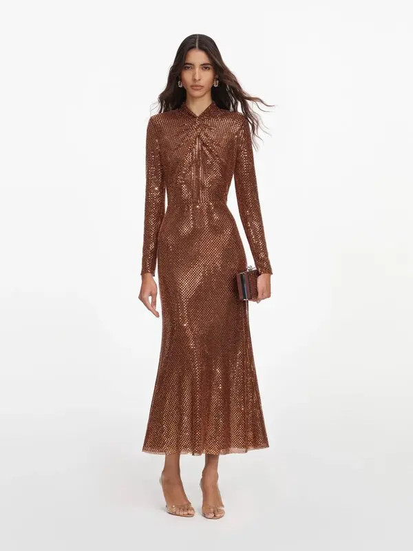 SELF-PORTRAIT Embellished Maxi Dress With Removable Shoulder Pads - Marrone
